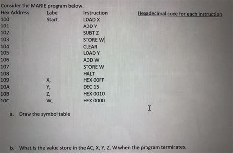 solved hexadecimal code for each instruction consider the