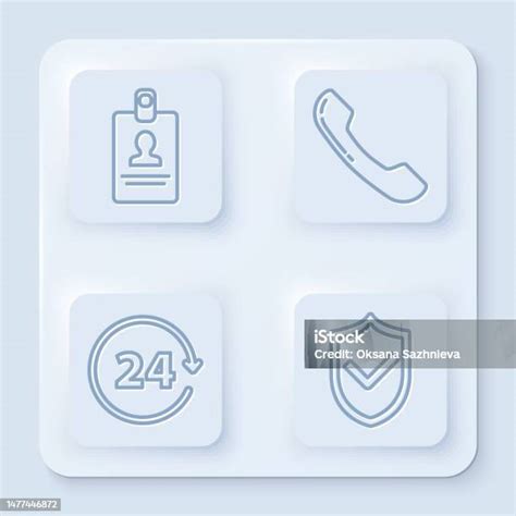 라인 식별 배지 전화 핸드셋 시계 24 시간 및 체크 표시가있는 방패를 설정하십시오 흰색 사각형 버튼 벡터 24에 대한 스톡 벡터 아트 및 기타 이미지 Istock