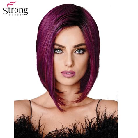 Strongbeauty 여성용 가발 합성 머리 버건디 퍼플 미디엄 밥 헤어 스타일 천연 가발 스트롱 뷰티 인조 가발wigs