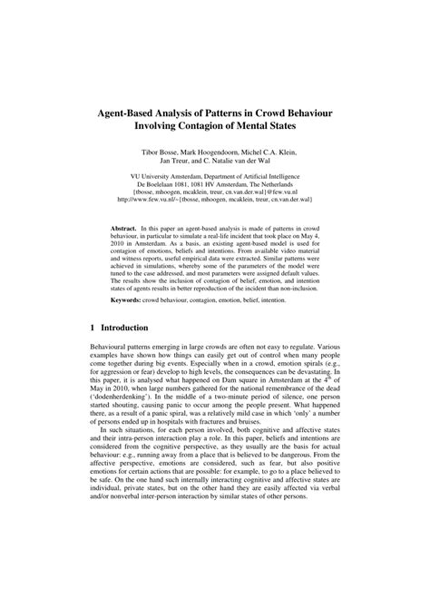 Pdf Agent Based Analysis Of Patterns In Crowd Behaviour Involving
