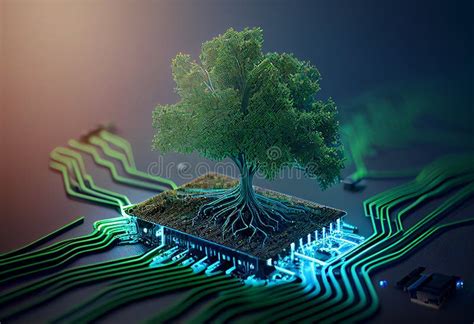 Circuit Board With Tree And Microcircuit 3d Illustration Generative Ai Stock Illustration