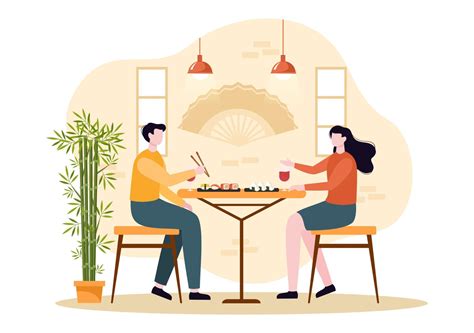 People Eating Japanese Food In The Restaurant With Various Delicious