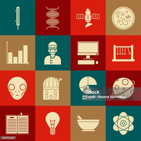 원자 행성 진자 위성 조수 파이 차트 인포 그래픽 기상학 온도계 측정 및 키보드 및 마우스 아이콘이있는 컴퓨터 모니터를