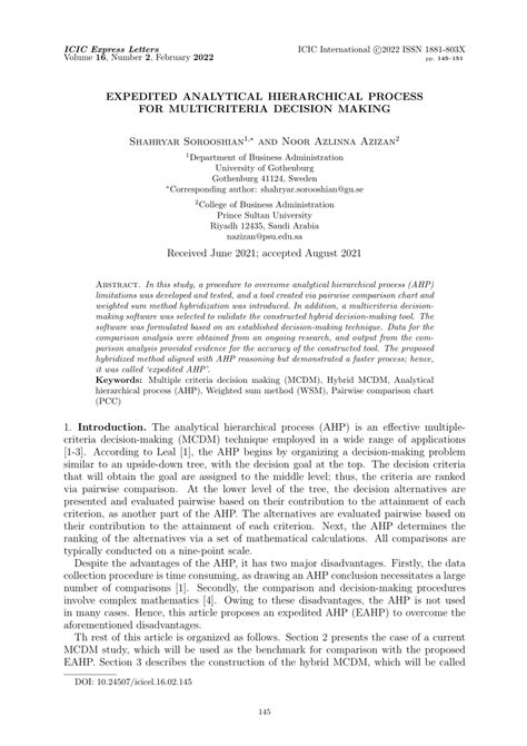Pdf Expedited Analytical Hierarchical Process For Multicriteria