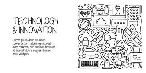 기술 및 혁신 관련 낙서 일러스트레이션 웹 배너 웹 사이트 헤더 등에 대한 현대적인 디자인 벡터 일러스트레이션 0명에 대한 스톡