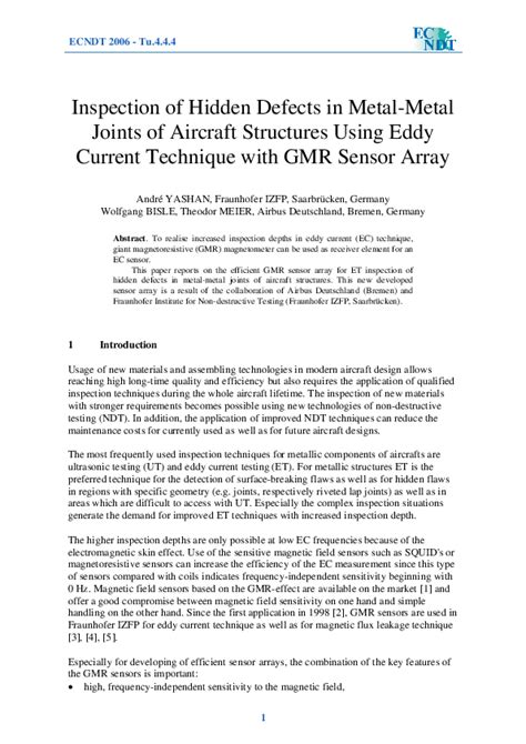 Pdf Inspection Of Hidden Defects In Metal Metal Joints Of Aircraft Structures Using Eddy
