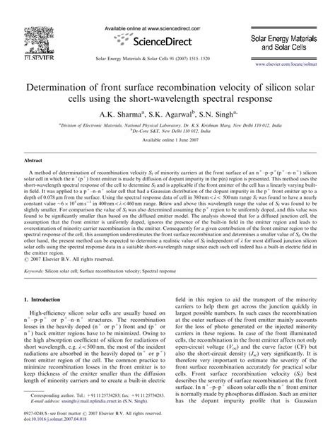 Pdf Determination Of Front Surface Recombination Velocity Of Silicon Solar Cells Using The