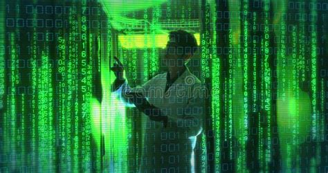 image of binary coding over asian man by computer servers stock image