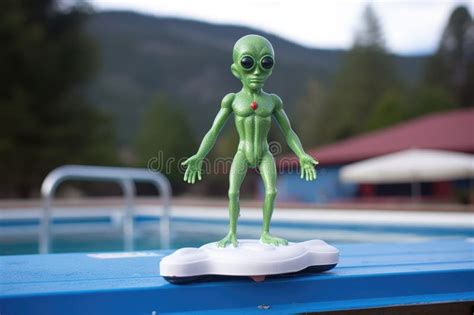 Alien Dressed In Swimsuit Standing On Diving Board At Swimming Pool