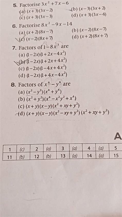 5 factorise 3x2 7x−6 a x 3 3x−2 b x−3 3x 2 c x 3 3x−3 d