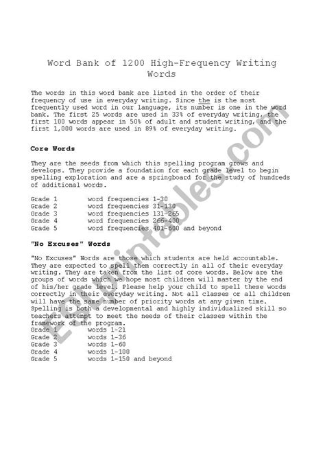 1200 Most Highly Frequent Words In English Esl Worksheet By Foggin