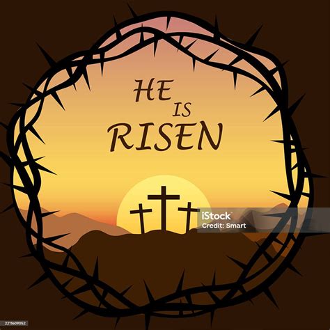 그분은 살아나셨습니다 부활절 예수 그리스도께서 부활하셨습니다 예수의 부활 가시 면류관 세 개의 십자가 실루엣 벡터 일러스트 레이 션 0명에 대한 스톡 벡터 아트 및 기타