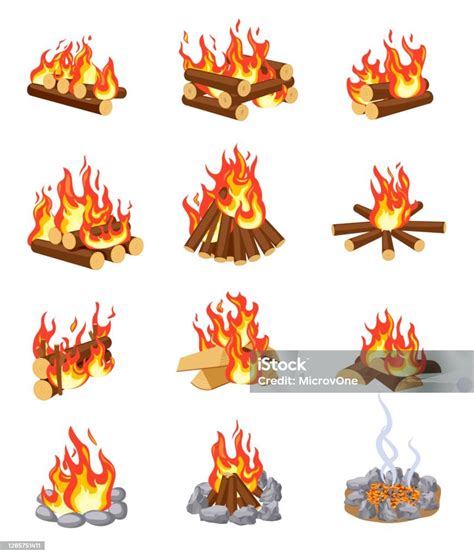Unggun Kartun Api Unggun Musim Panas Dengan Kayu Bakar Membakar Kayu Bertumpuk Desain Berkemah