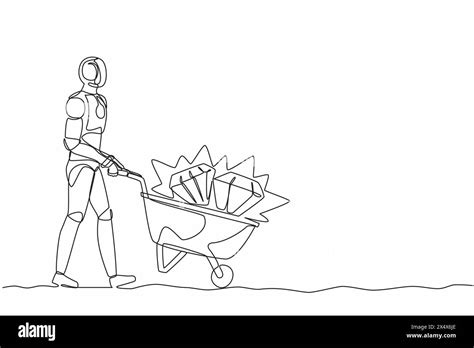 Continuous One Line Drawing Robot Walking And Pushing Trolley Full Of Diamonds Humanoid Robot