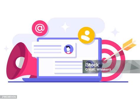 이메일 마케팅 플랫 일러스트레이션을 사용하여 대상 고객에게 접근 온라인 비즈니스 전략 광고 이메일 뉴스레터 메시징 마케팅 컨셉 에 대한 스톡 벡터 아트 및 기타 이미지