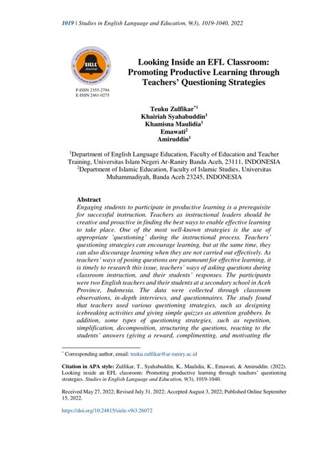 Pdf Looking Inside An Efl Classroom Promoting Productive Learning Through Teachers