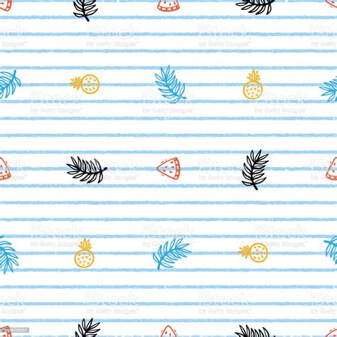 여름 꽃 열대 과일 배경입니다 야자수 잎 수박 조각과 파인애플 벡터 원활한 패턴 0명에 대한 스톡 벡터 아트 및 기타 이미지