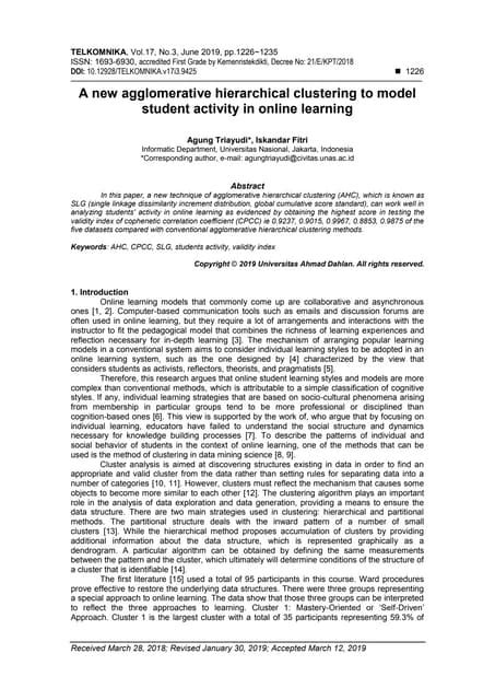A New Agglomerative Hierarchical Clustering To Model Student Activity