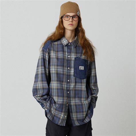 맥우드건 레이버 2108 데님패치워크 오버핏 더스티블루 체크셔츠 위시버킷
