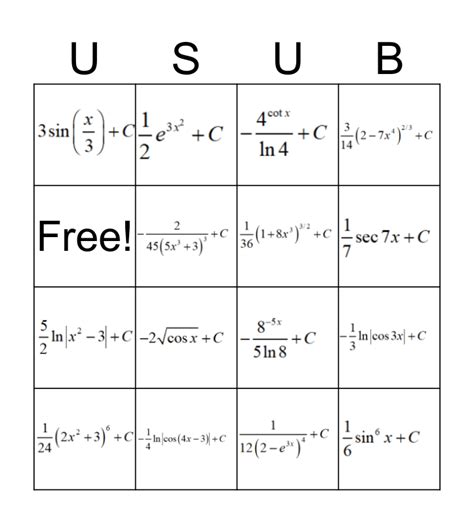 U Substitution Bingo Card