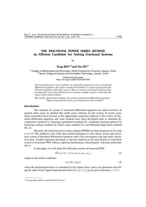 Pdf The Fractional Power Series Method An Efficient Candidate For Solving Fractional Systems