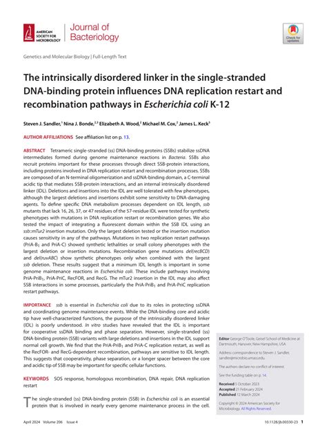 Pdf The Intrinsically Disordered Linker In The Single Stranded Dna Binding Protein Influences