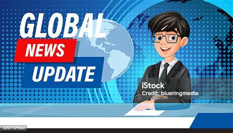 현대적인 스튜디오 환경에서 뉴스 앵커의 벡터 일러스트레이션 생생한 색상과 디지털 세계지도 배경을 특징으로합니다 고객 참여에 대한 스톡 벡터 아트 및 기타 이미지 Istock