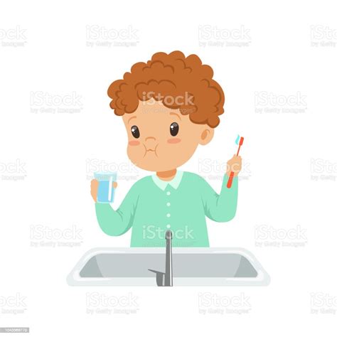 물 아이가 칫 솔 질과 치아 흰색 배경에 욕실 벡터 일러스트 레이 션에에서 대 한 배려와 그의 이빨을 Rinsing 하는 귀여운 소년 개수대에 대한 스톡 벡터 아트 및 기타