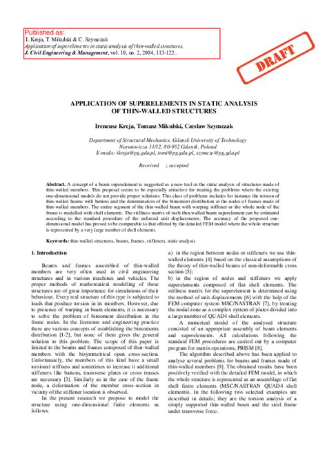 Pdf Application Of Superelements In Static Analysis Of Thin‐walled