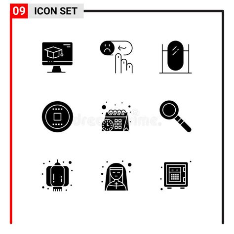 Set Of 9 Vector Solid Glyphs On Grid For Calendar Stop Support Media Mirror Stock Vector