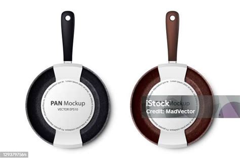벡터 3d 사실적인 블랙 과 갈색 빈 프라이팬 종이 라벨 설정 닫기 흰색 배경에 격리 모형을 위한 디자인 템플릿입니다 맨 위 보기 가정 생활에 대한 스톡 벡터 아트 및 기타