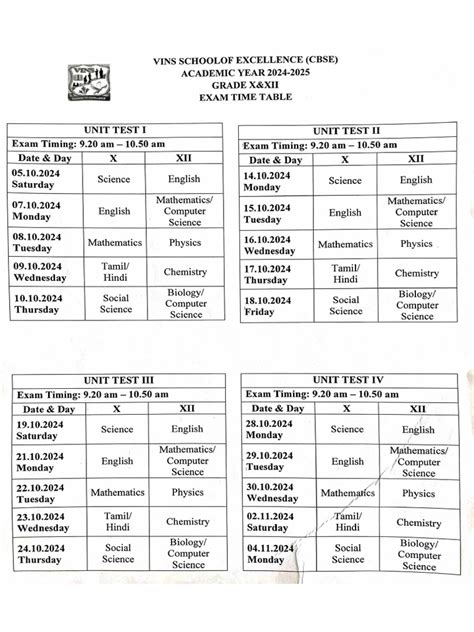 Unit Test Time Table Pdf