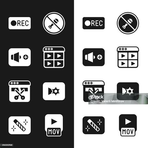 음악 재생 목록 스피커 볼륨 녹음 버튼 마이크 음소거 비디오 레코더 편집기 비디오 설정 Mov 파일 및 사진 보정 아이콘을 설정합니다 벡터 Mp3 플레이어에 대한 스톡 벡터