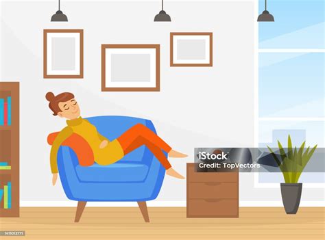 주간 벡터 일러스트레이션에서 안락의자에 잠자는 여성 캐릭터 가구에 대한 스톡 벡터 아트 및 기타 이미지 가구 가정의 방 개념 Istock