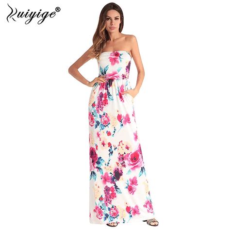 Ruiyige Print Floral Pockets Strapless Maxi Dress Summer Sleeveless