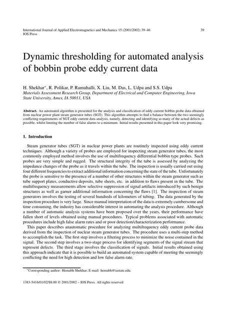 Pdf Dynamic Thresholding For Automated Analysis Of Bobbin Probe Eddy Current Data