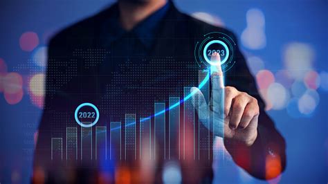 비즈니스 목표는 디지털 증강 현실 그래픽 긍정적인 지표로 2022년부터 2023년까지 목표와 달성 성장을 설정합니다 비즈니스 트렌드 투자 전략을위한 미래 기술 2022년에