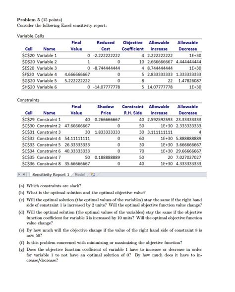 consider the following excel sensitivity report