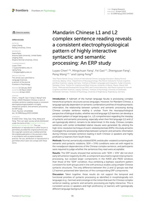 Pdf Mandarin Chinese L1 And L2 Complex Sentence Reading Reveals A