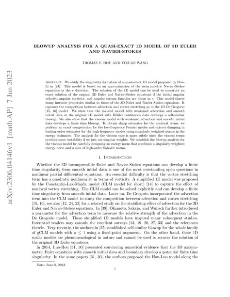 Pdf Blowup Analysis For A Quasi Exact 1d Model Of 3d Euler And Navier Stokes