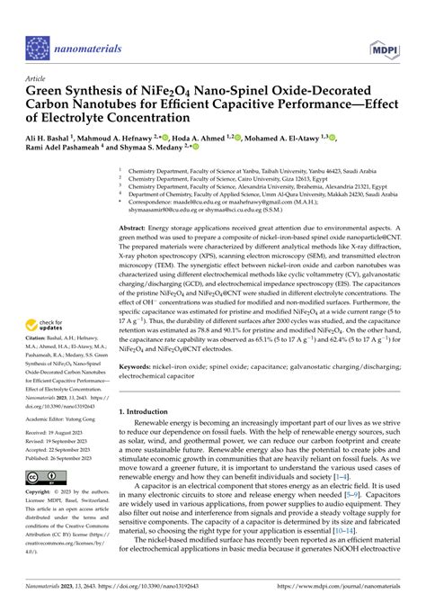 Pdf Green Synthesis Of Nife2o4 Nano Spinel Oxide Decorated Carbon