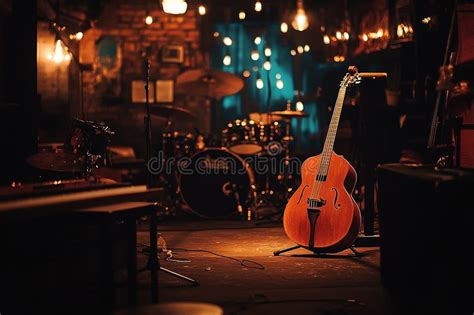 Moody Jazz Club Interior With Intimate Stage Setup Unoccupied But
