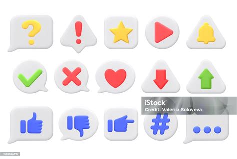 흰색 말풍선과 모양에 대한 3d 기호 및 기호 하트 물음표 별표 재생 버튼 화살표처럼 웹 디자인 모바일 앱 소셜 미디어에 대한 아이콘입니다 흰색으로 분리된 3d 벡터 요소