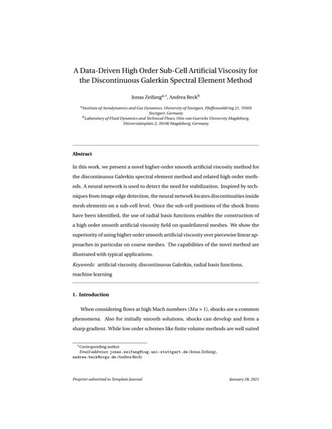Pdf A Data Driven High Order Sub Cell Artificial Viscosity For The Discontinuous Galerkin