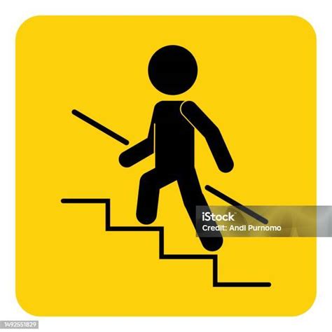 사각형 직사각형 노란색 배경에 난간이 있는 계단이나 사다리를 걷거나 내려가는 검은 막대기 남자의 인쇄 가능한 디자인 라벨 스티커 안전 건물 표지판 실내 정보 라벨을 위한