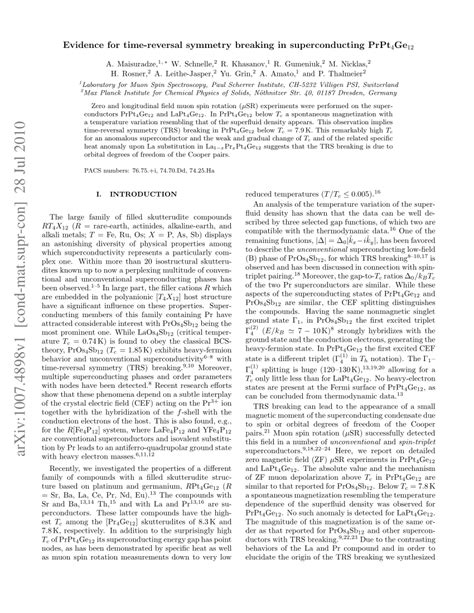 Pdf Evidence For Time Reversal Symmetry Breaking In Superconducting Prpt {4} Ge {12}