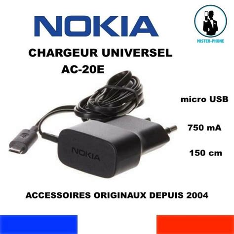 Chargeur Original Nokia Ac 20e Micro Usb 750mah E5 E7 E52 E55 N8 N85