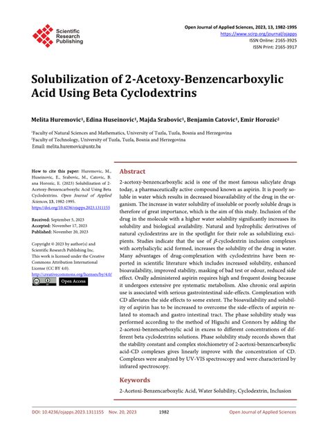 Pdf Solubilization Of 2 Acetoxy Benzencarboxylic Acid Using Beta