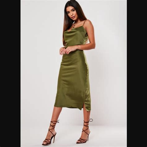 Missguided Dresses Missguided Khaki Satin Cowl Cami Midi Dress