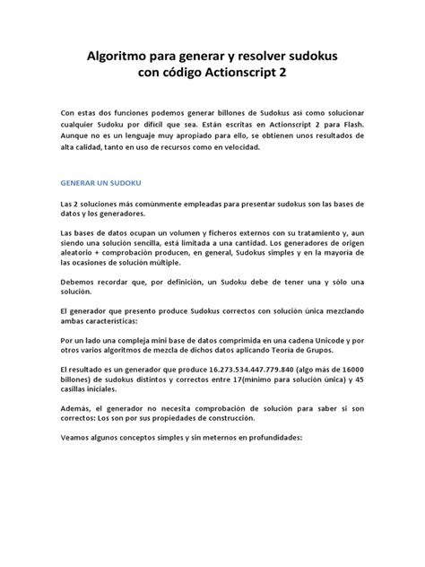 Algoritmo Para Generar Y Resolver Sudokus Con Código Actionscript 2 Pdf Estructura De Datos